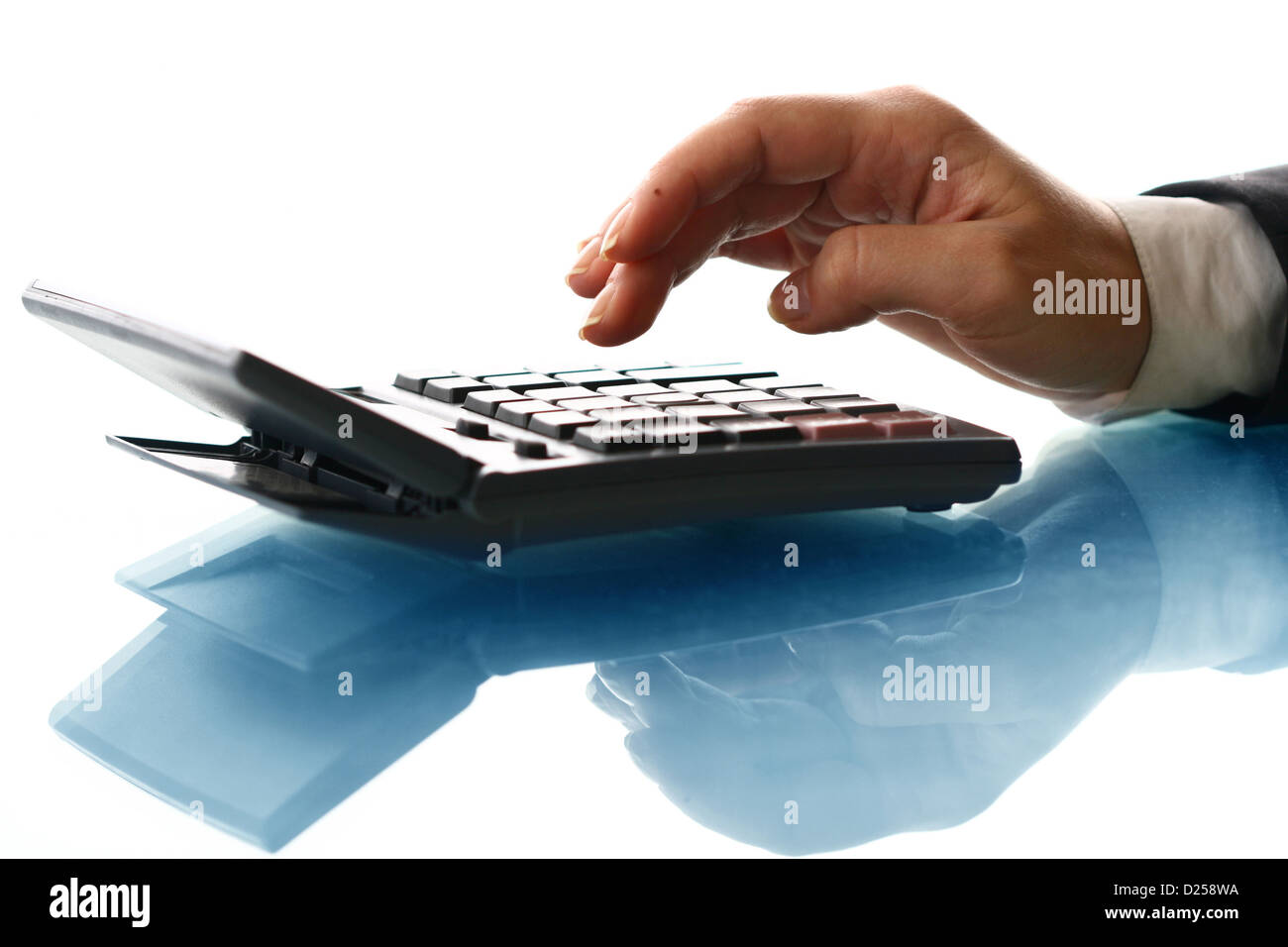girl hand calculate on white background Stock Photo - Alamy