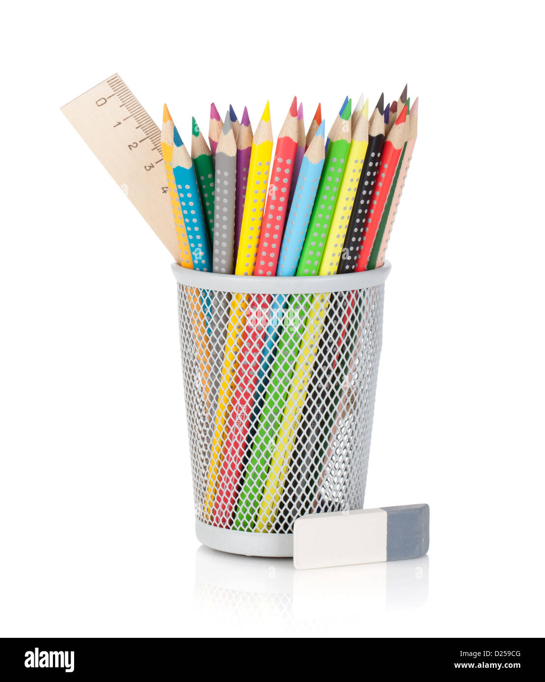 Various colour pencils with ruler and rubber. Isolated on white ...
