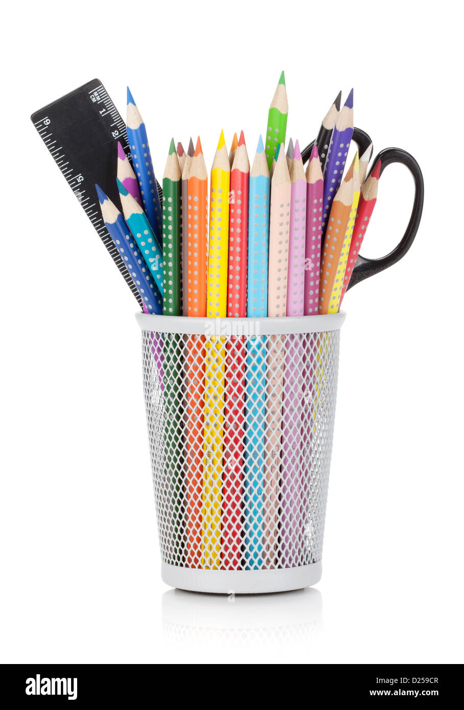 Various colour pencils with ruler and scissors. Isolated on white ...