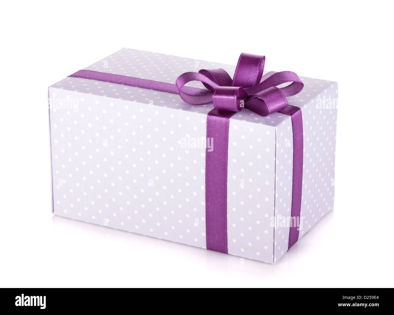 Blue gift box with violet ribbon and bow. Isolated on white background ...