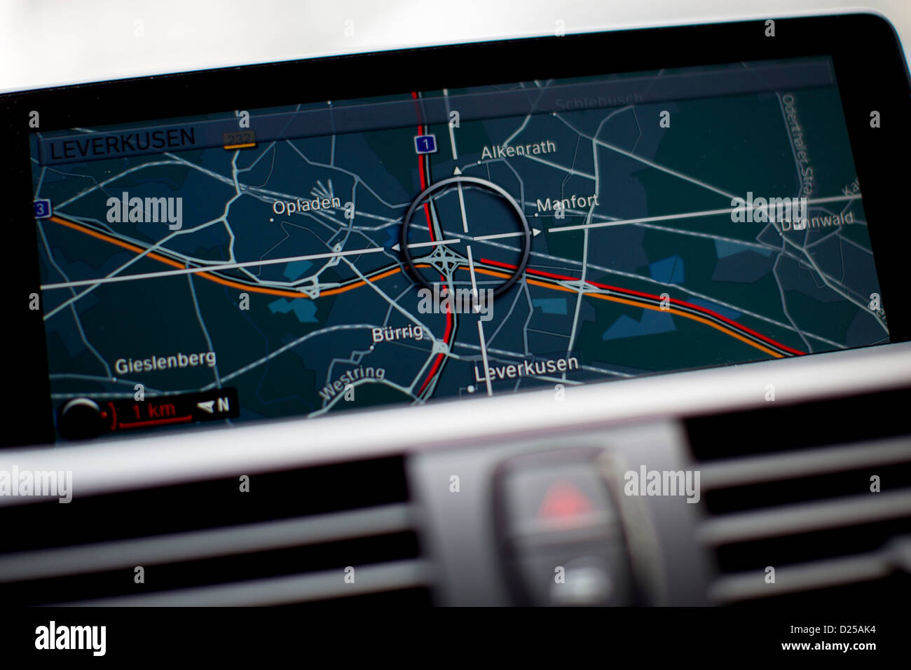 Yellow and red lines on the map of a navigation system indicates ...