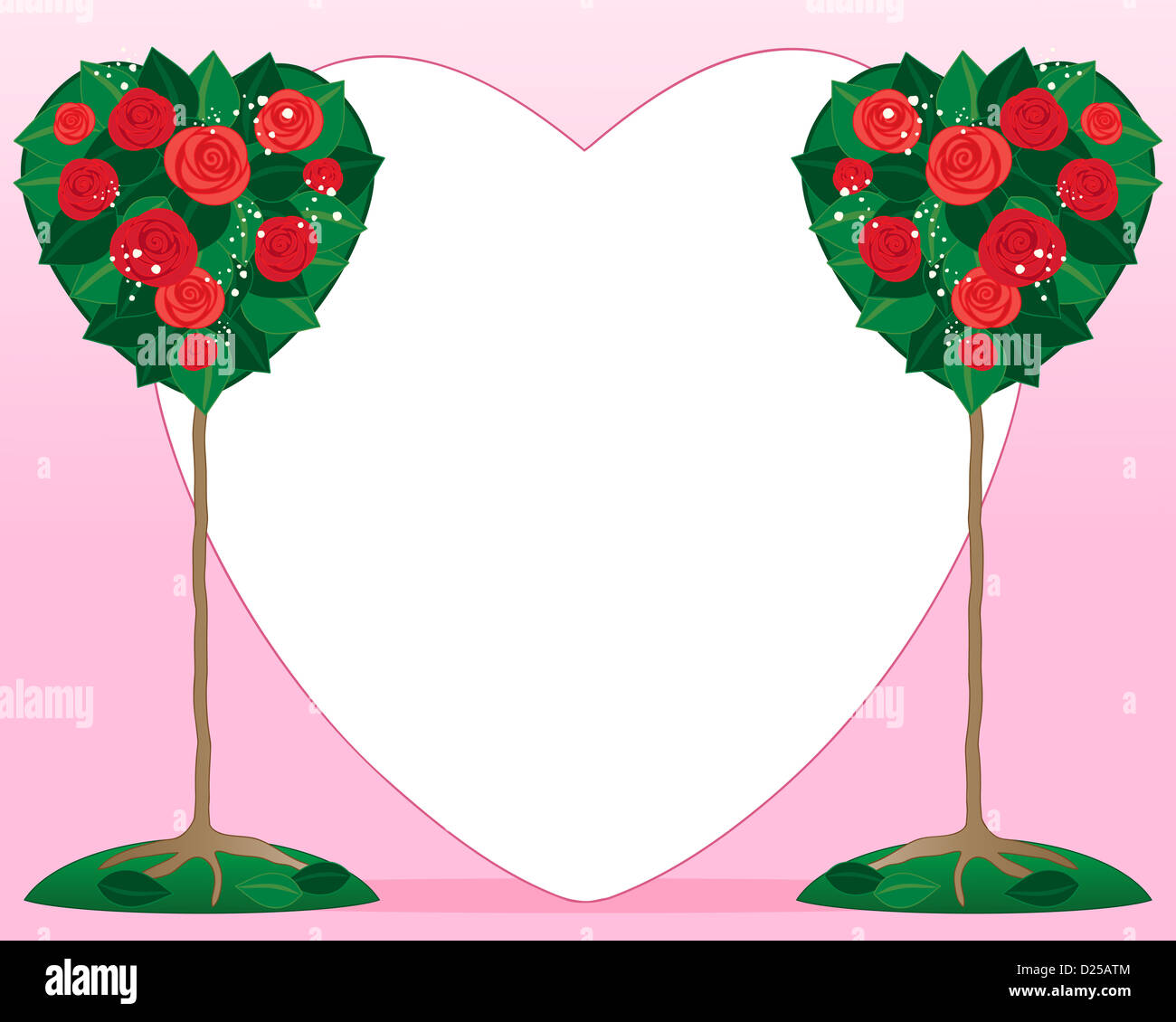 an illustration of two standard rose bushes in heart shapes with a big ...