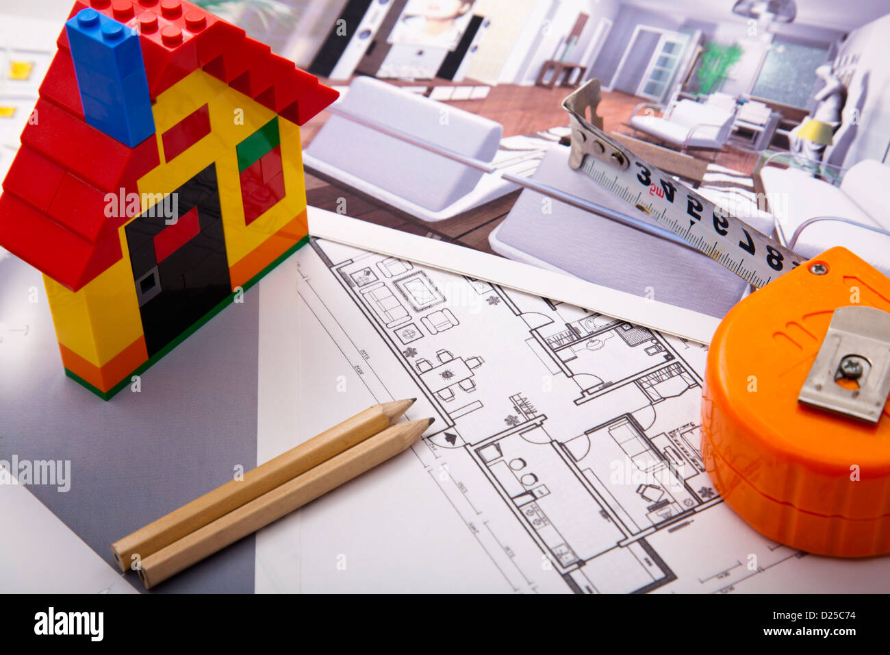 Home Improvement plan with pencils, house model and color samples Stock ...