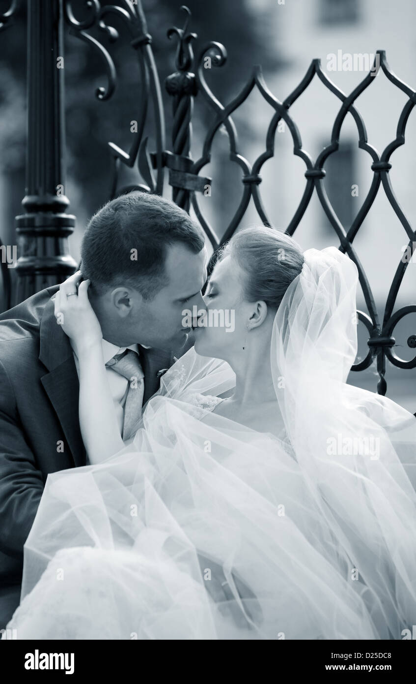 Beautiful the bride and the groom kiss Stock Photo - Alamy