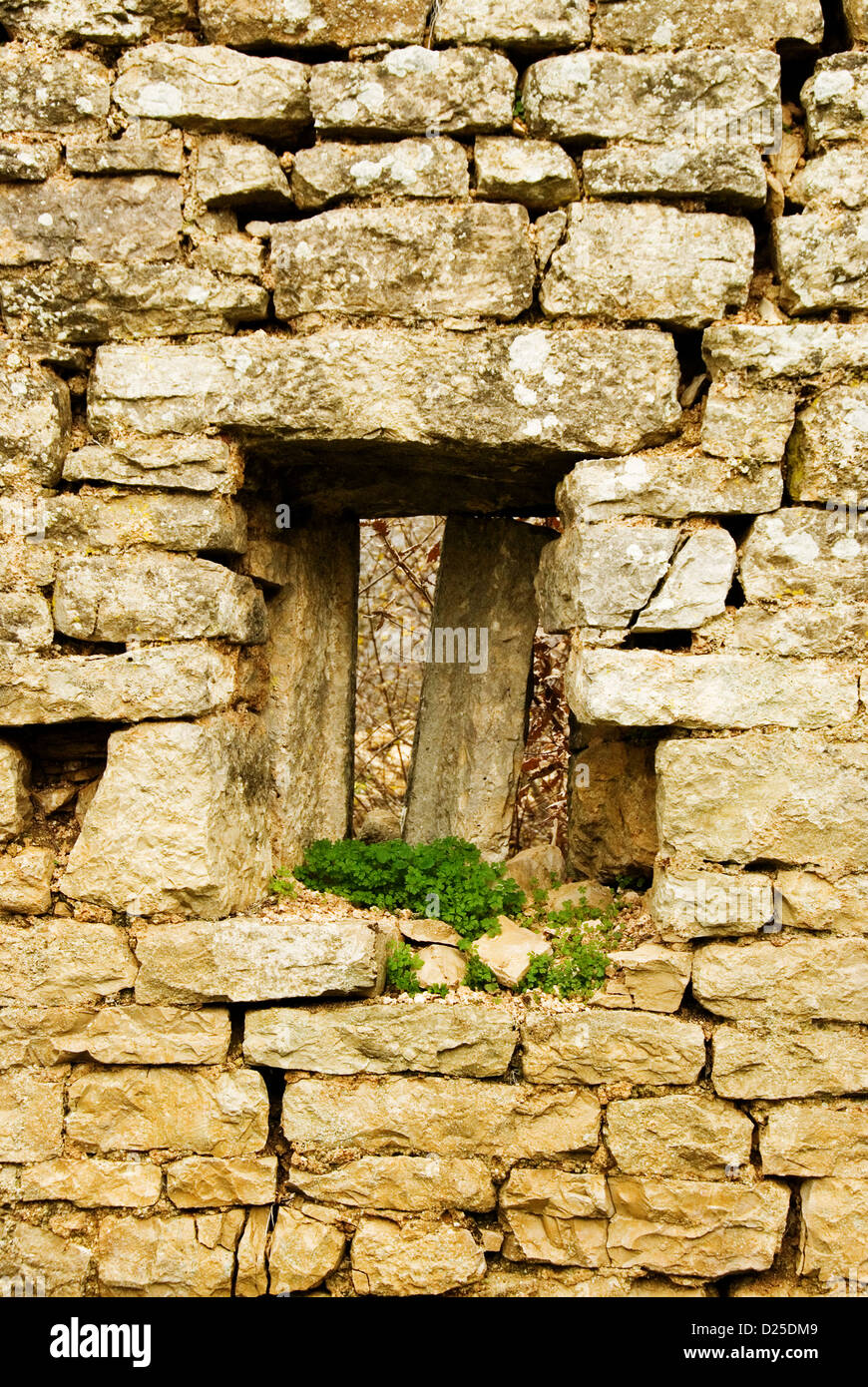 Window in an ancient wall of the abandoned medieval city of Dvigrad ...