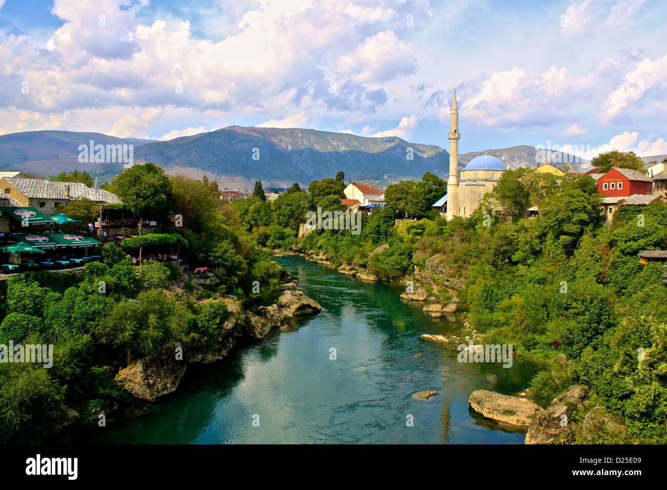 View of Mostar from the Stari Most bridge with the Neretva River ...