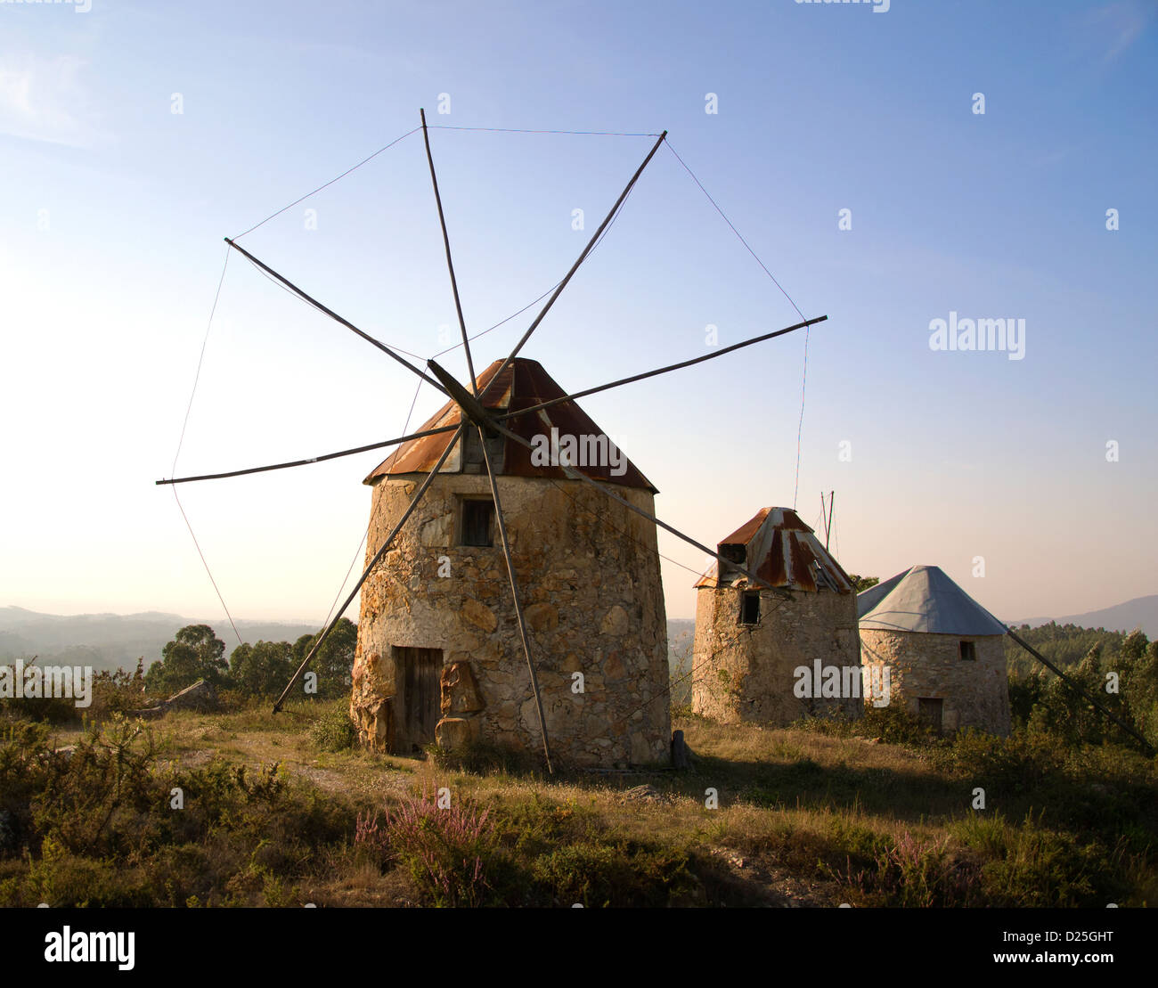 A group of three windmills, in center Portugal, near Coimbra Stock ...