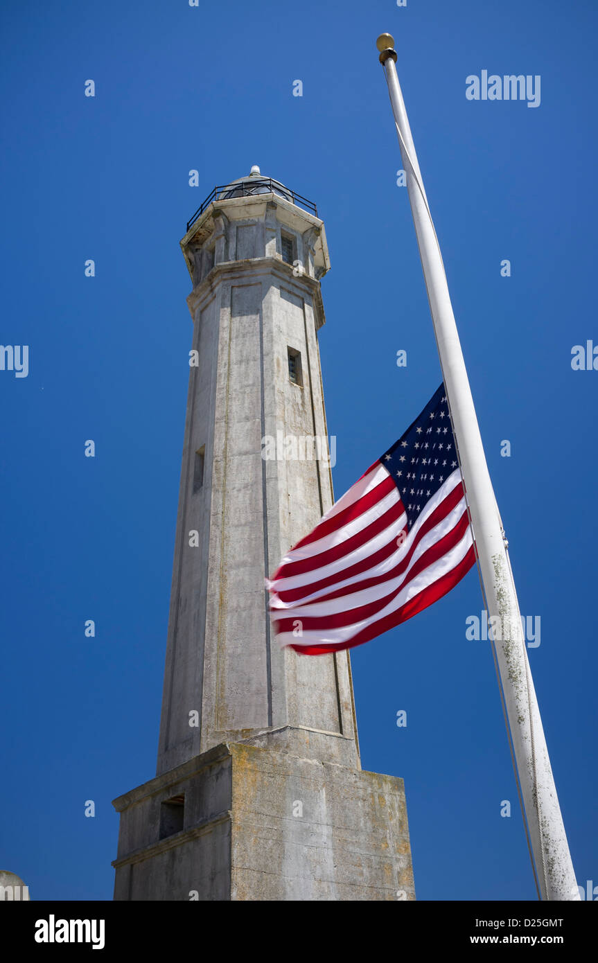 Lighthouse and American flag on Alcatraz Island San Francisco Bay Stock ...