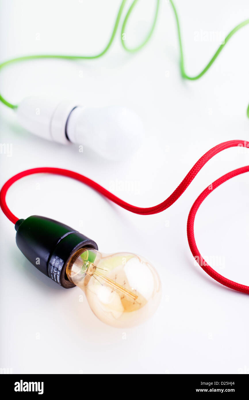 Lightbulbs on white background with wires Stock Photo - Alamy