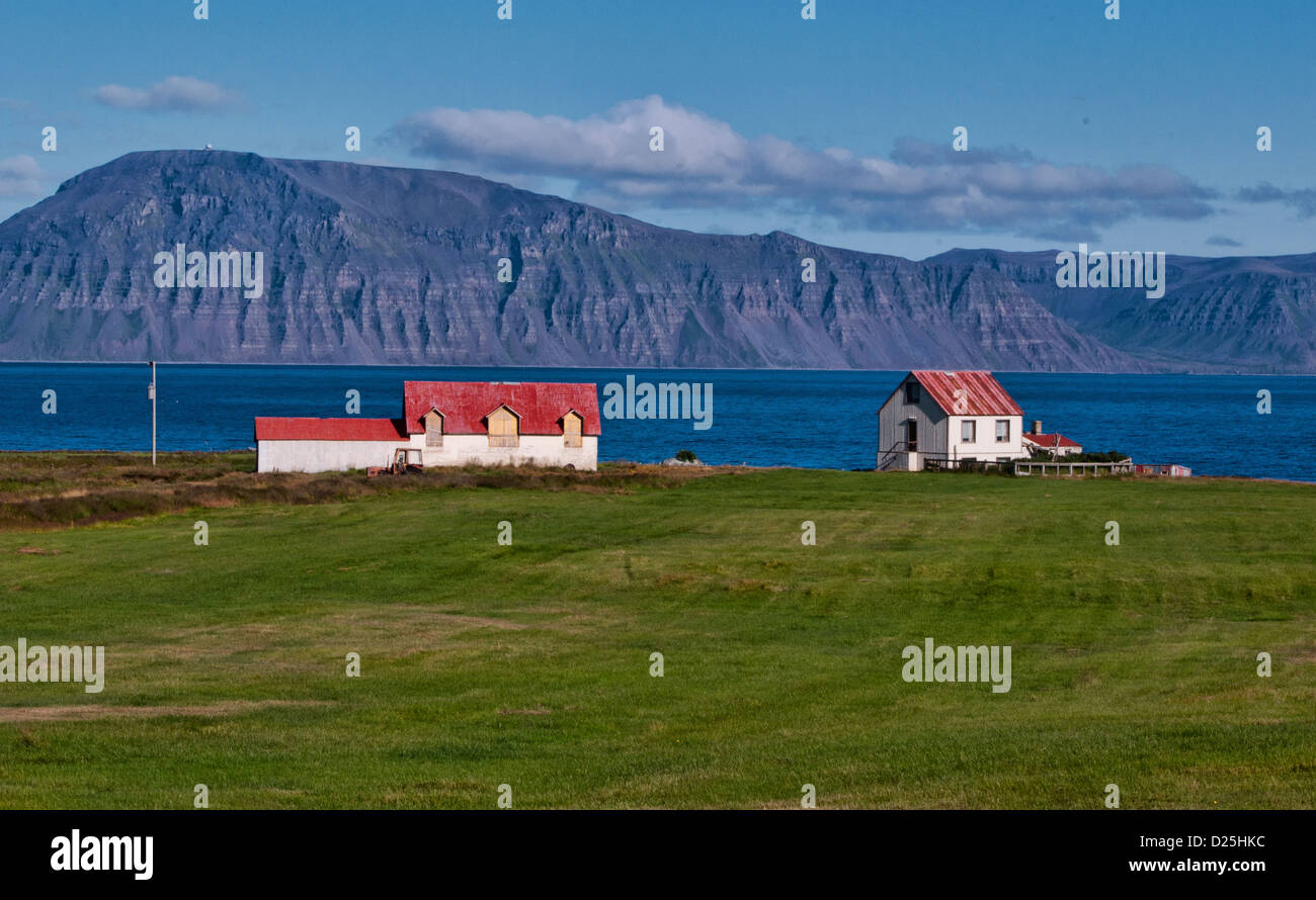 traditional farmhouse along the fjords of northeastern Iceland Stock ...