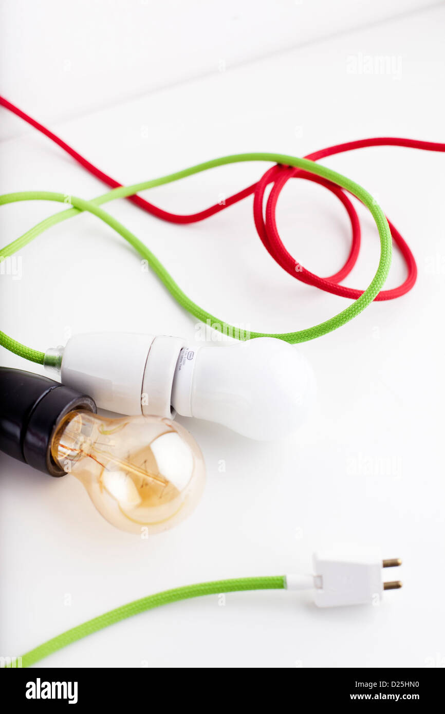 Lightbulbs on white background with wires Stock Photo - Alamy