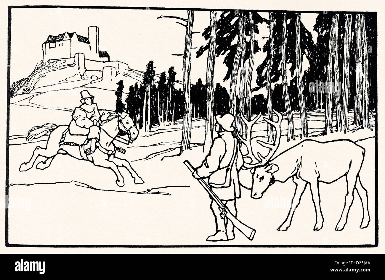 Men and deer near the forest Stock Photo - Alamy