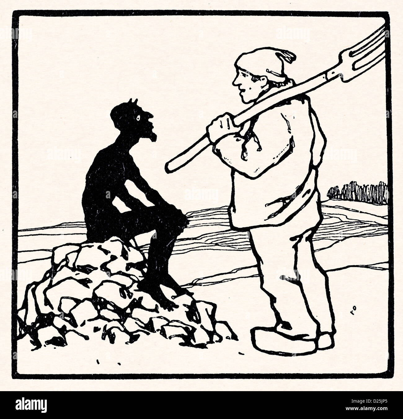 Farmer with pitchfork and devil Stock Photo - Alamy