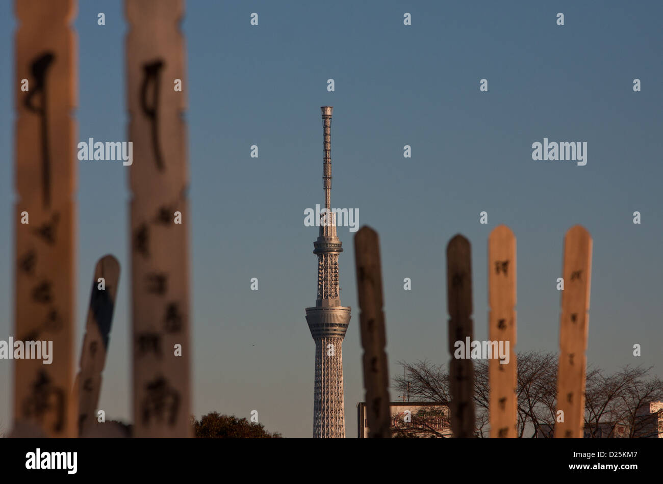 Tokyo Sky Tree seen behind graveyard toba tablets in Yanaka cemetery in ...