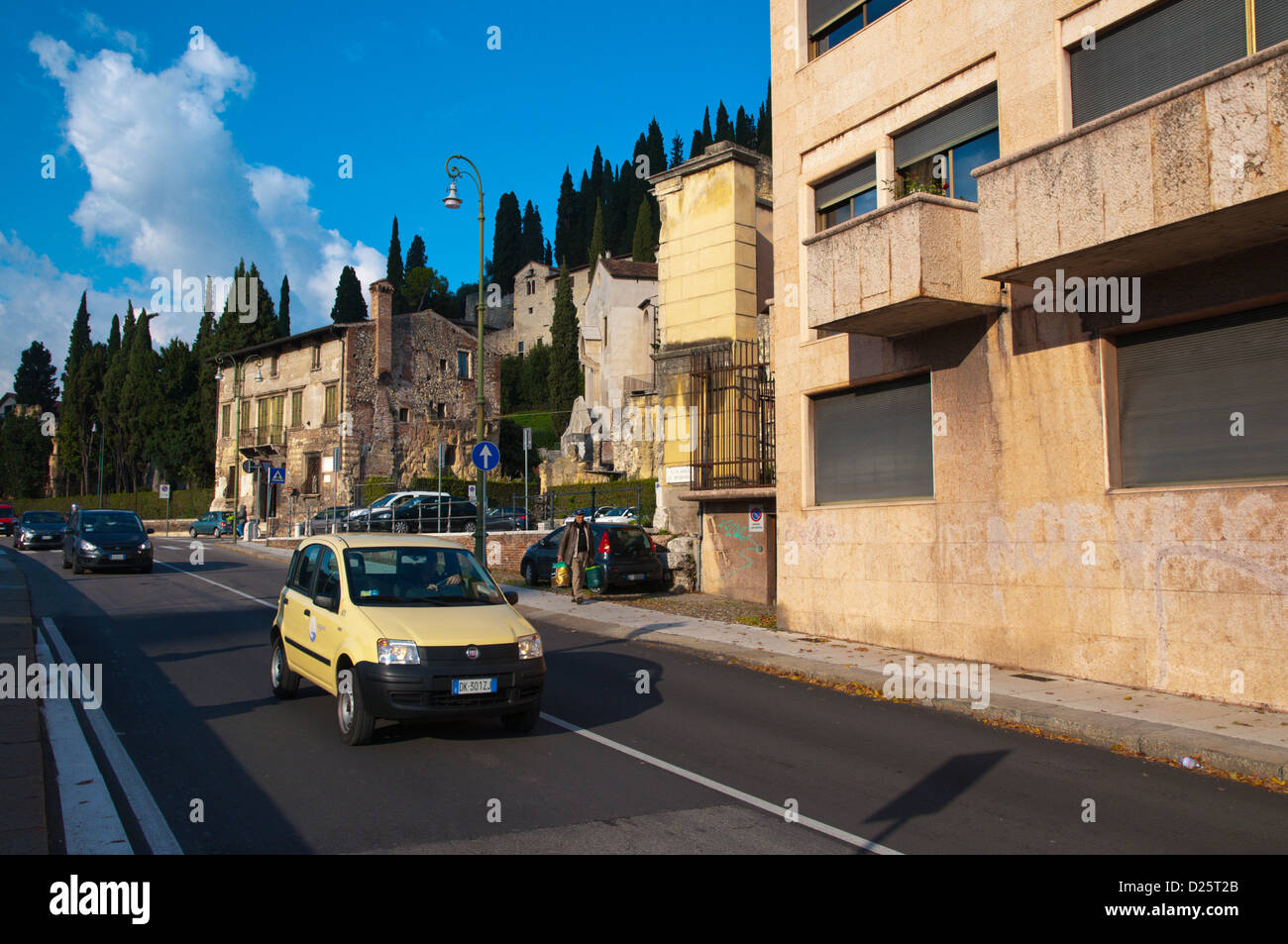 Traffic along Lungadige Re Teodorico riverside street Veronetta ...