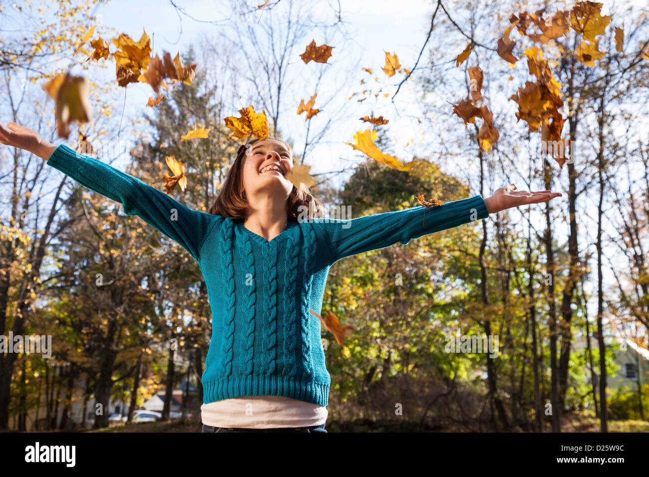 Young Girl Enjoying Fall Leaves, New York State Stock Photo - Alamy