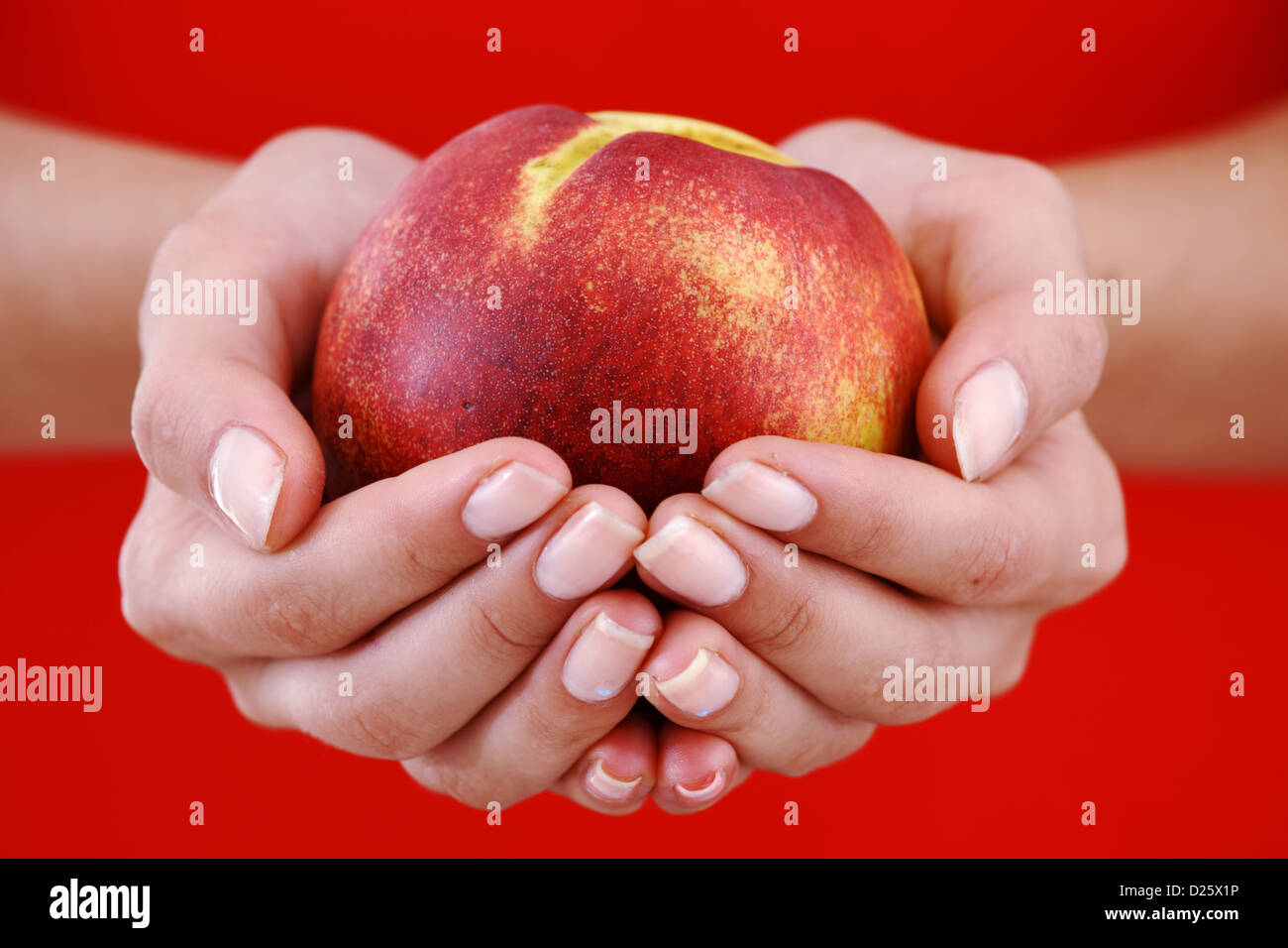 peach in woman hands close up Stock Photo - Alamy