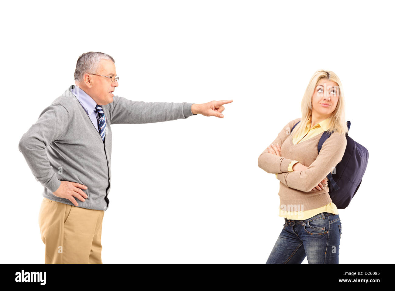 Angry father reprimanding his daughter isolated on white background ...