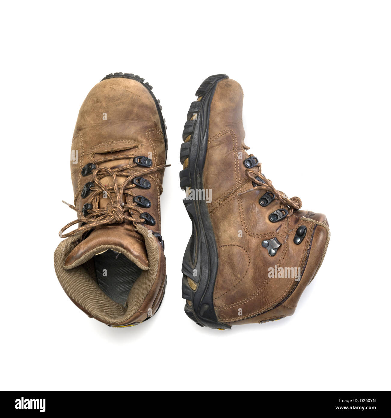 One pair of brown walking boots isolated on white background Stock ...