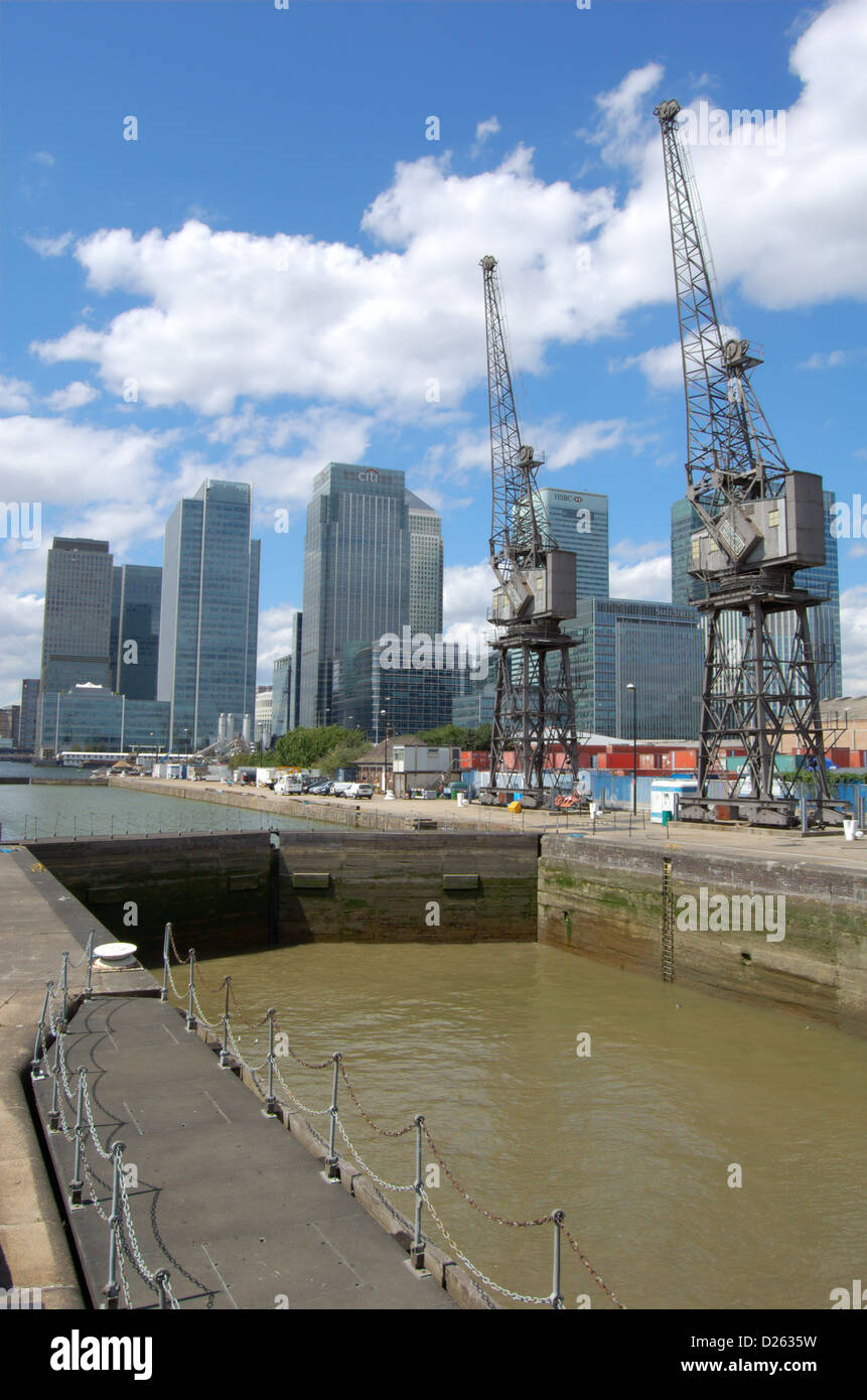 Canary Wharf skyline and dock entry lock in London, England Stock Photo ...