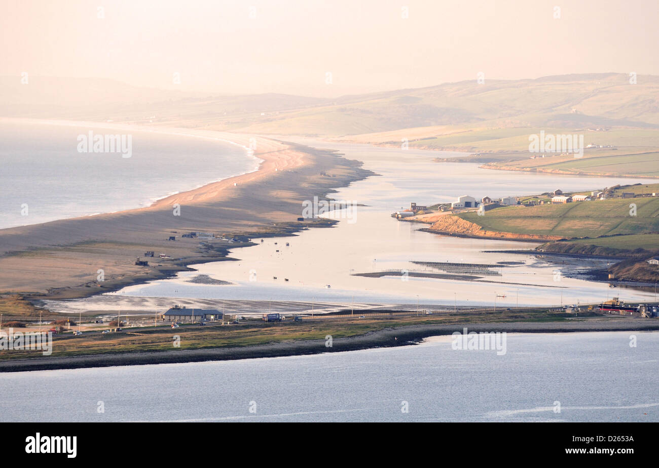 Chesil Beach and the Fleet, sunset at Chesil Beach in Dorset, Britain ...