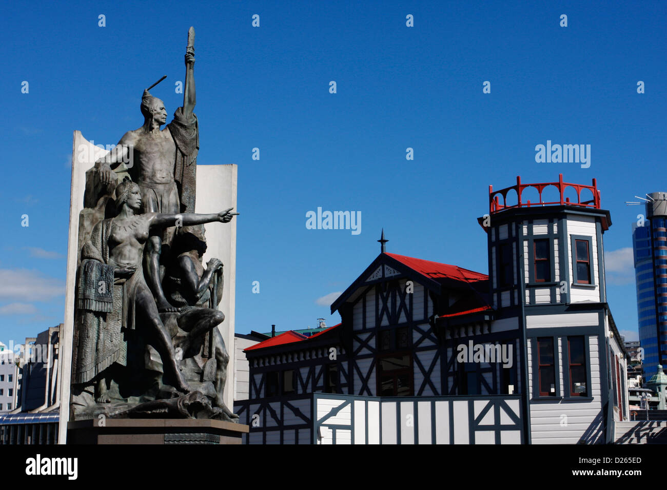 The Kupe Group Statue on the water front in Lambton Harbour, in front ...