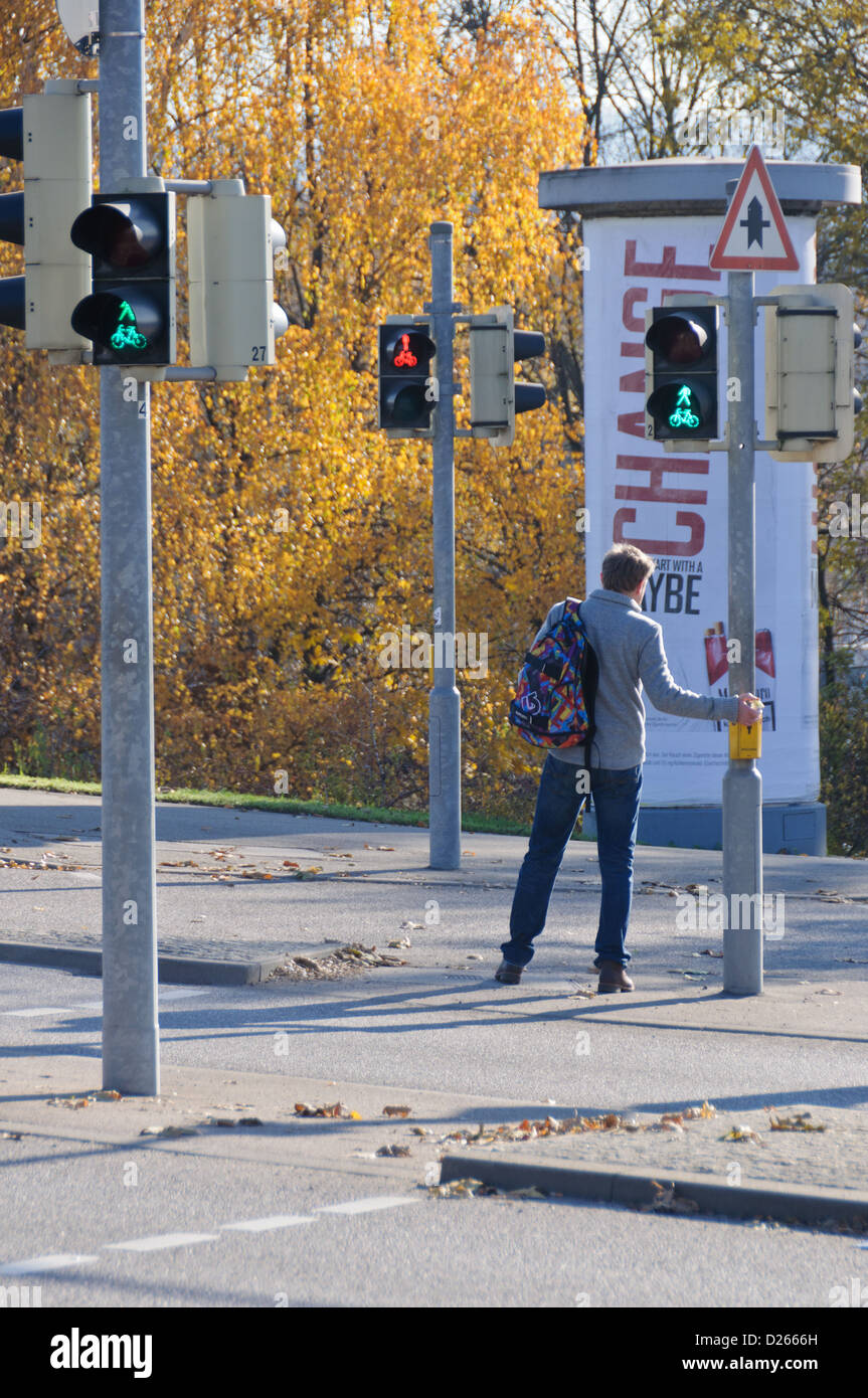 Male pedestrian waits at red pedestrian and cyclist crossing lights ...