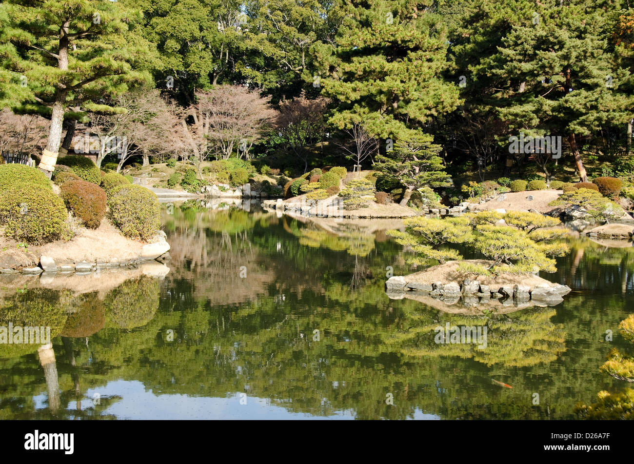 Japanese garden with lake, islands, water and trees Stock Photo - Alamy