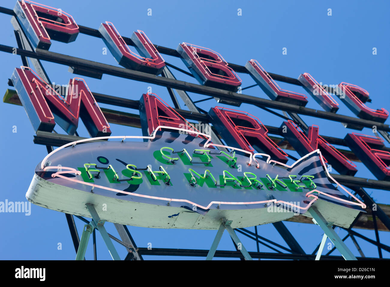 PIKE PLACE PUBLIC MARKET CENTER NEON SIGN SEATTLE WASHINGTON STATE USA ...
