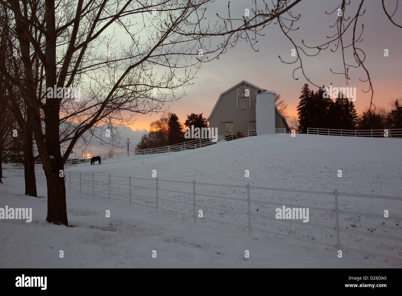 Winter horse and barn sunset scene Stock Photo - Alamy
