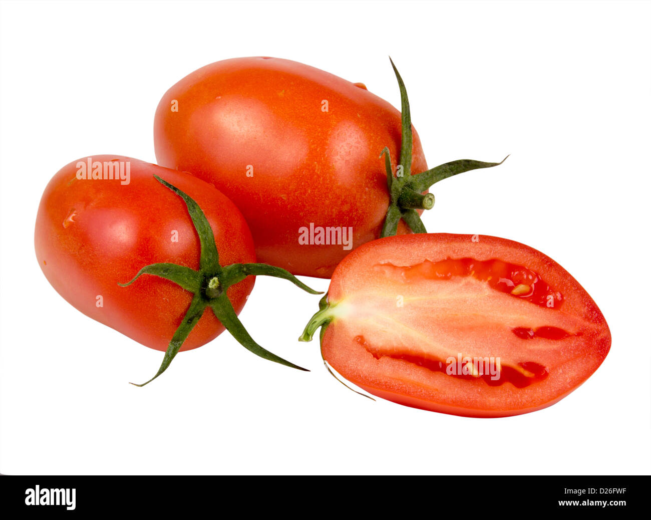 Red tomatoes vegetable with one sliced isolated on white background ...