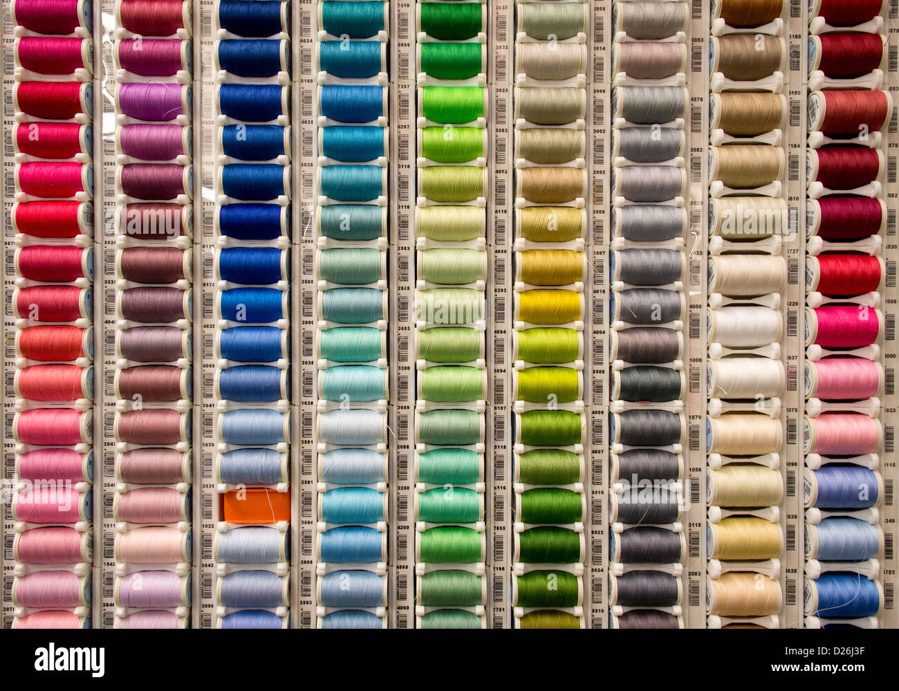 Haberdashery coloured cotton cottons reels display Stock Photo - Alamy