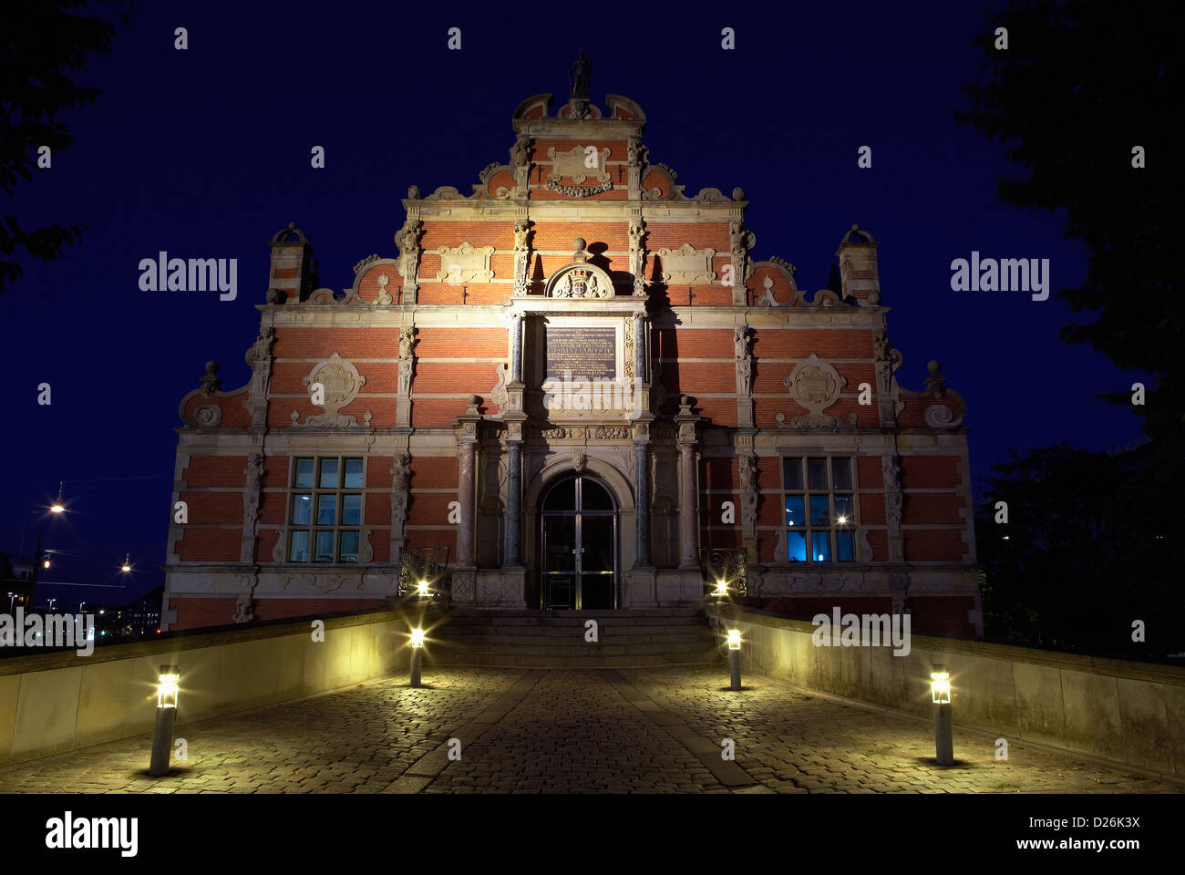 Copenhagen, Denmark, the illuminated portal of the Old Stock Exchange ...