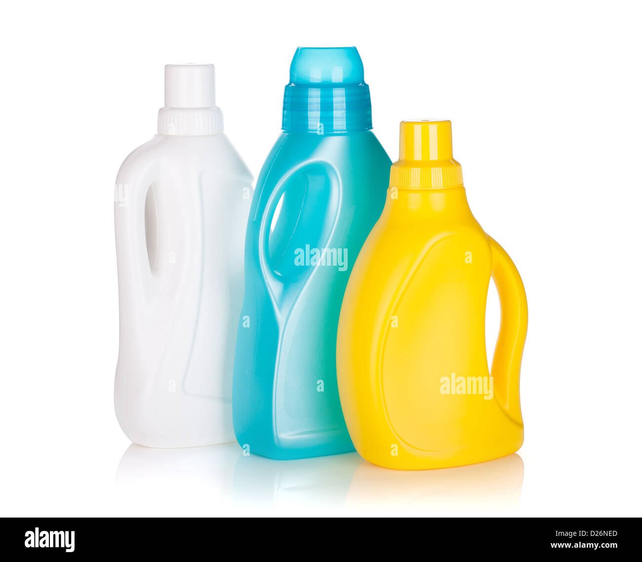 Three plastic bottles of cleaning product. Isolated on white background ...