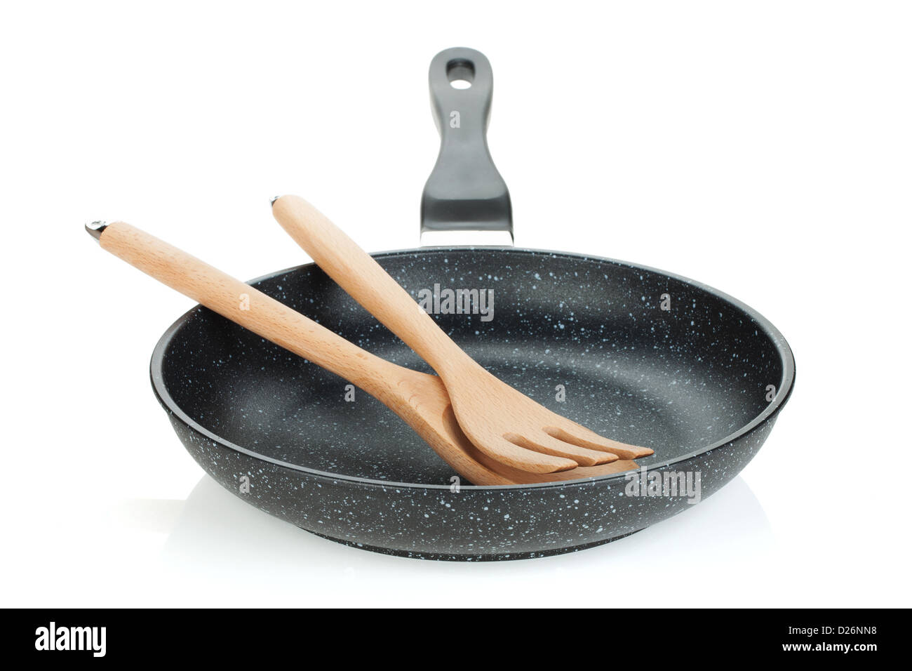 Frying pan with wooden utensils. Isolated on white background Stock ...