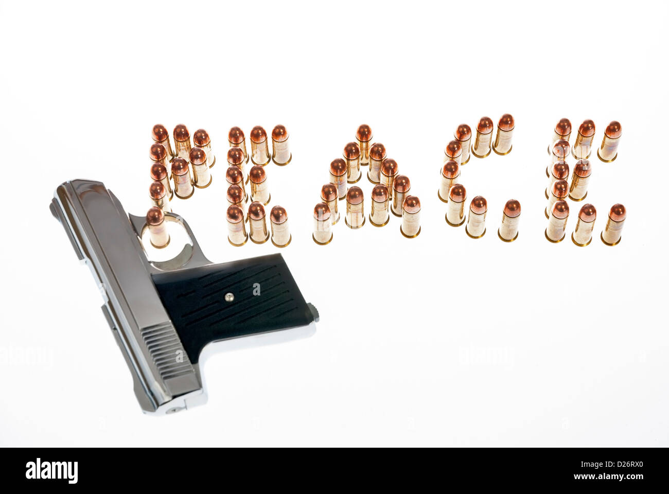 Hand gun and bullets spell the word peace Stock Photo - Alamy