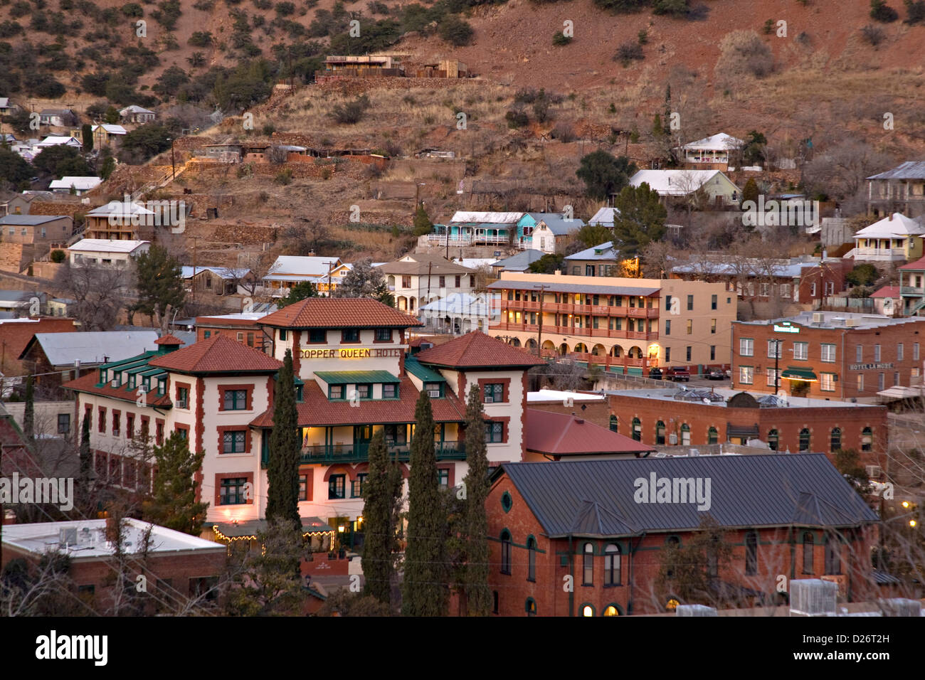View of the Copper Queen Hotel and the historic mining town of Bisbee ...