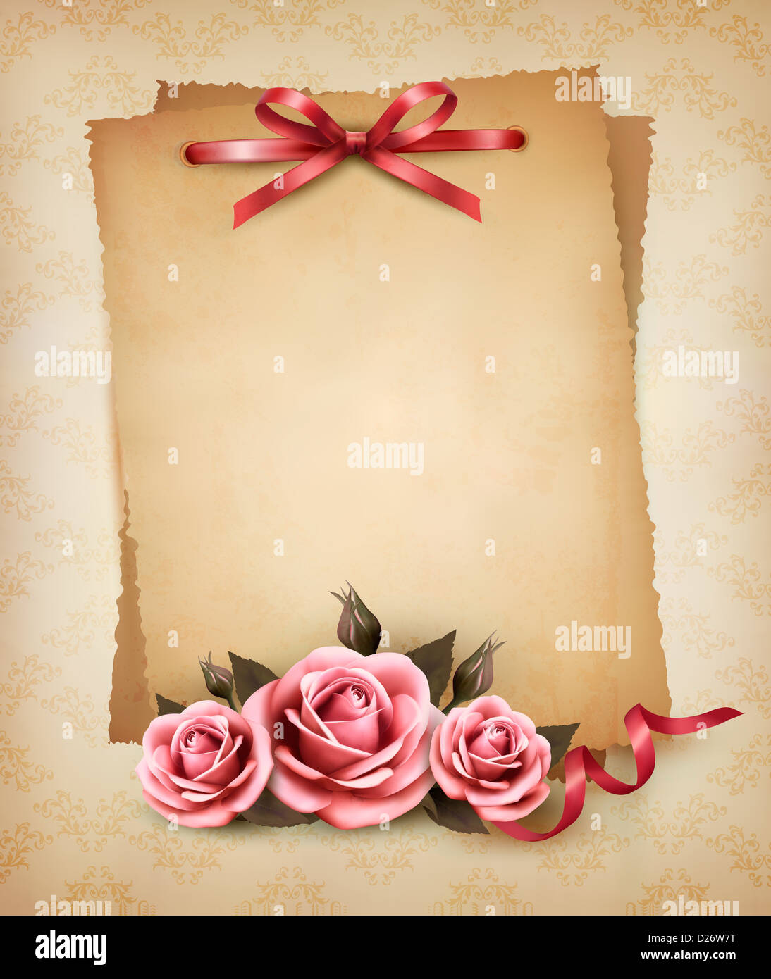 Retro background with beautiful pink rose and old paper. Vector ...