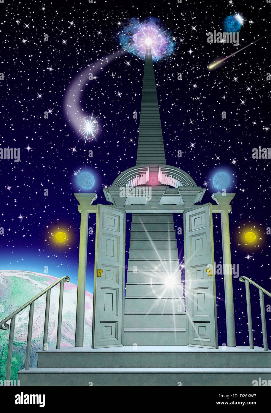 Doorway and arch float high above a planet and lead to stairs going up ...