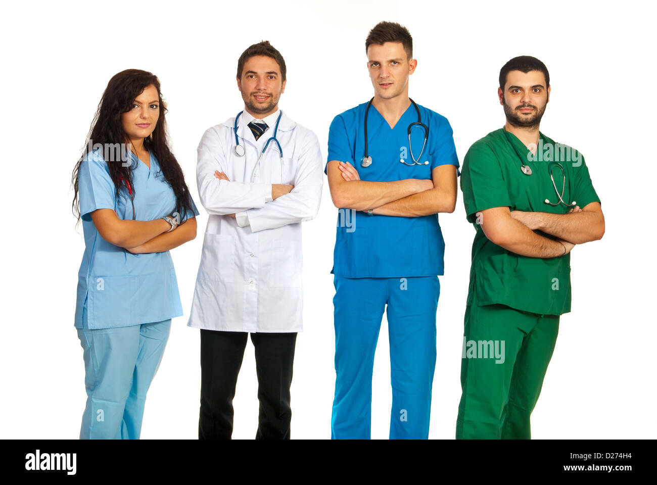 Group of four different doctors standing with arms folded isolated on ...