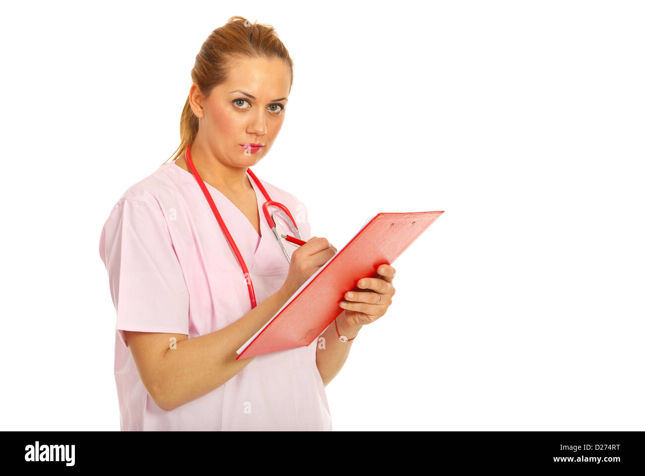 Nurse writing in clipboard isolated on white background Stock Photo - Alamy