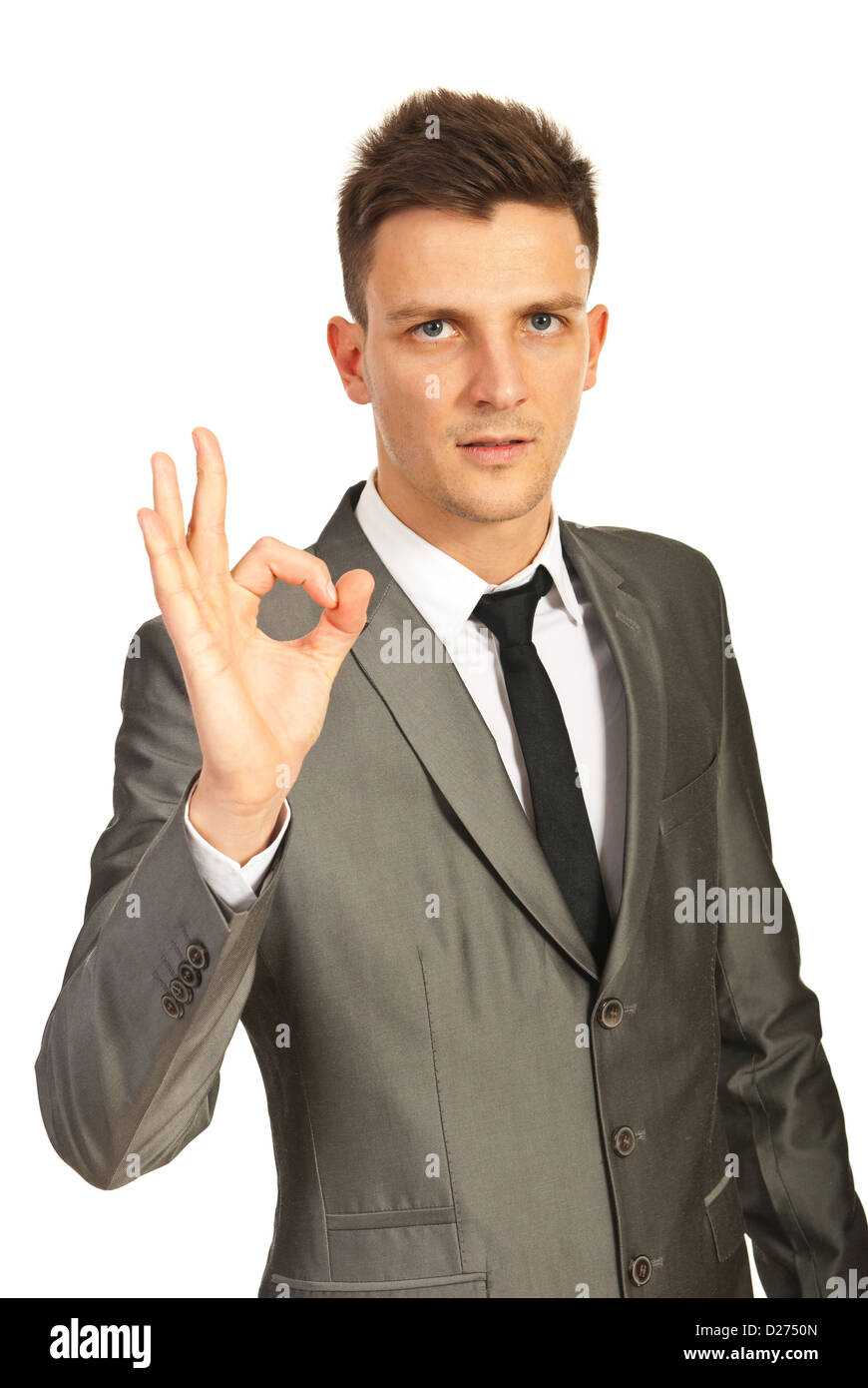 Business man showing okay sign hand gesture isolated on white ...