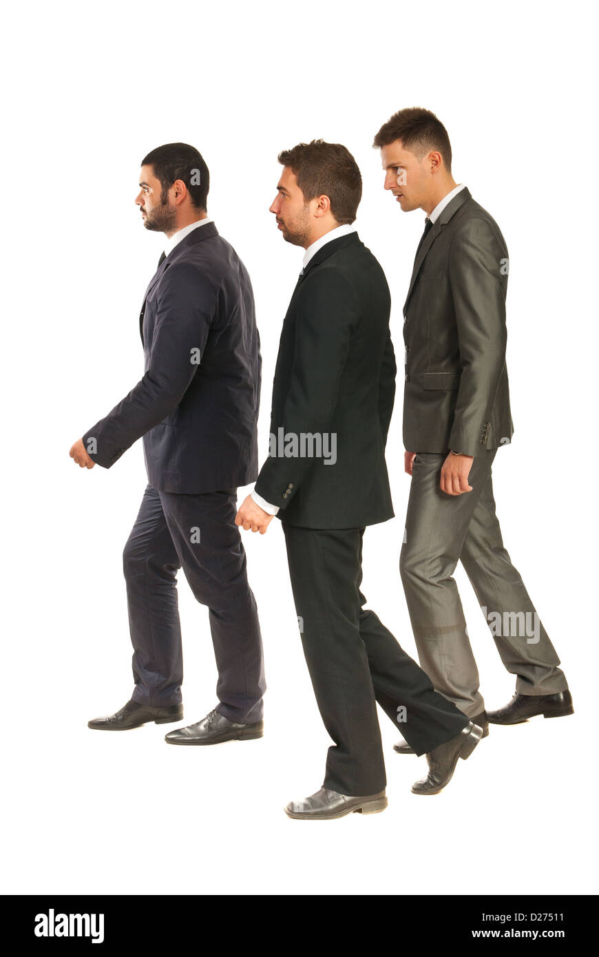 Profile of three business men walking to work isolated on white ...