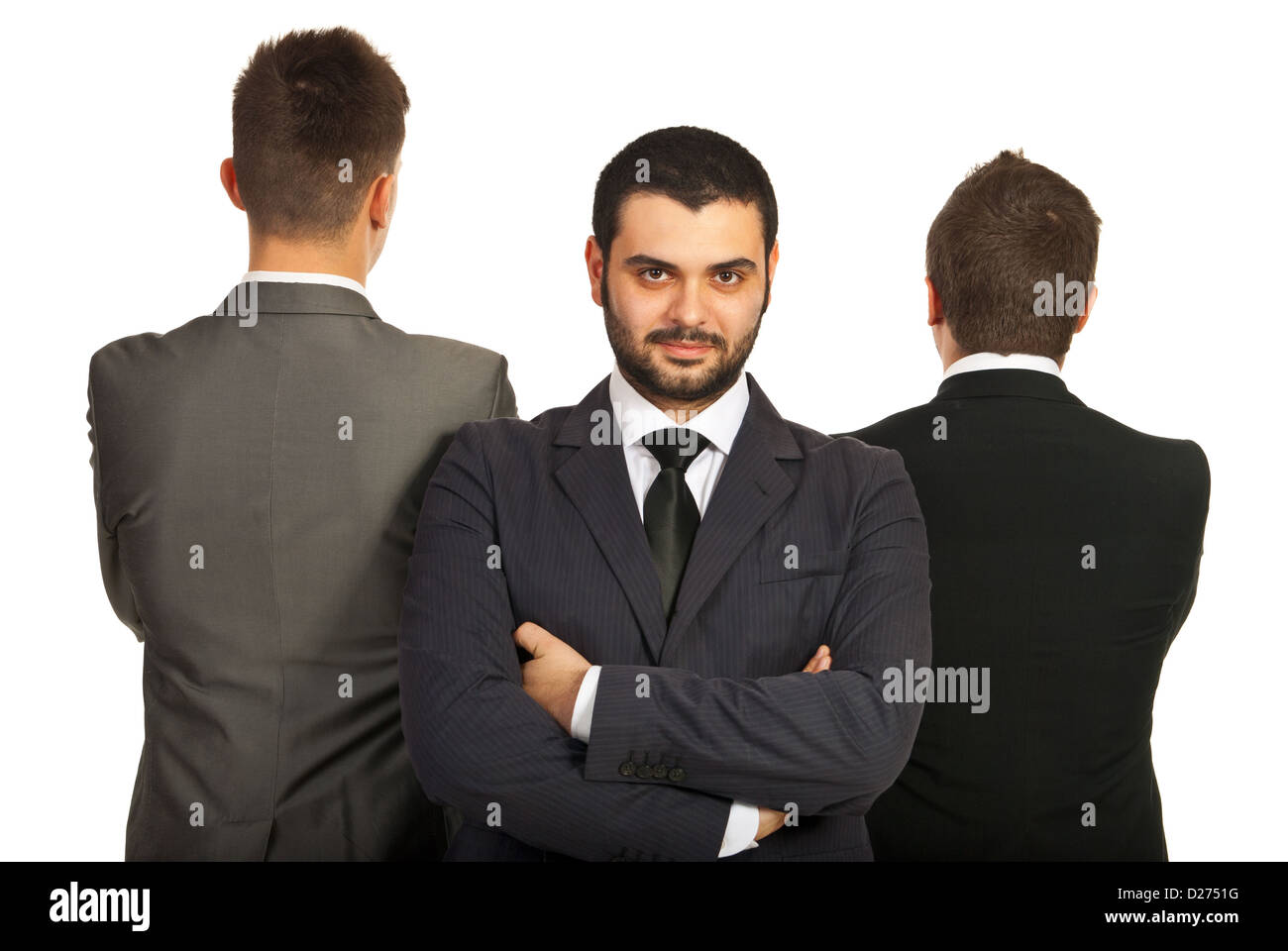 Leader business man standing in front of his team isolated on white ...