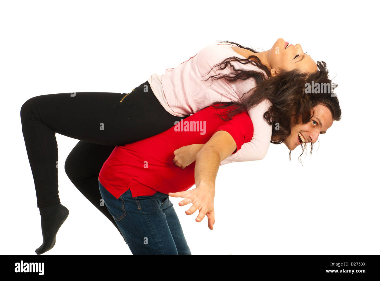 Happy playful couple having fun together isolated on white background ...