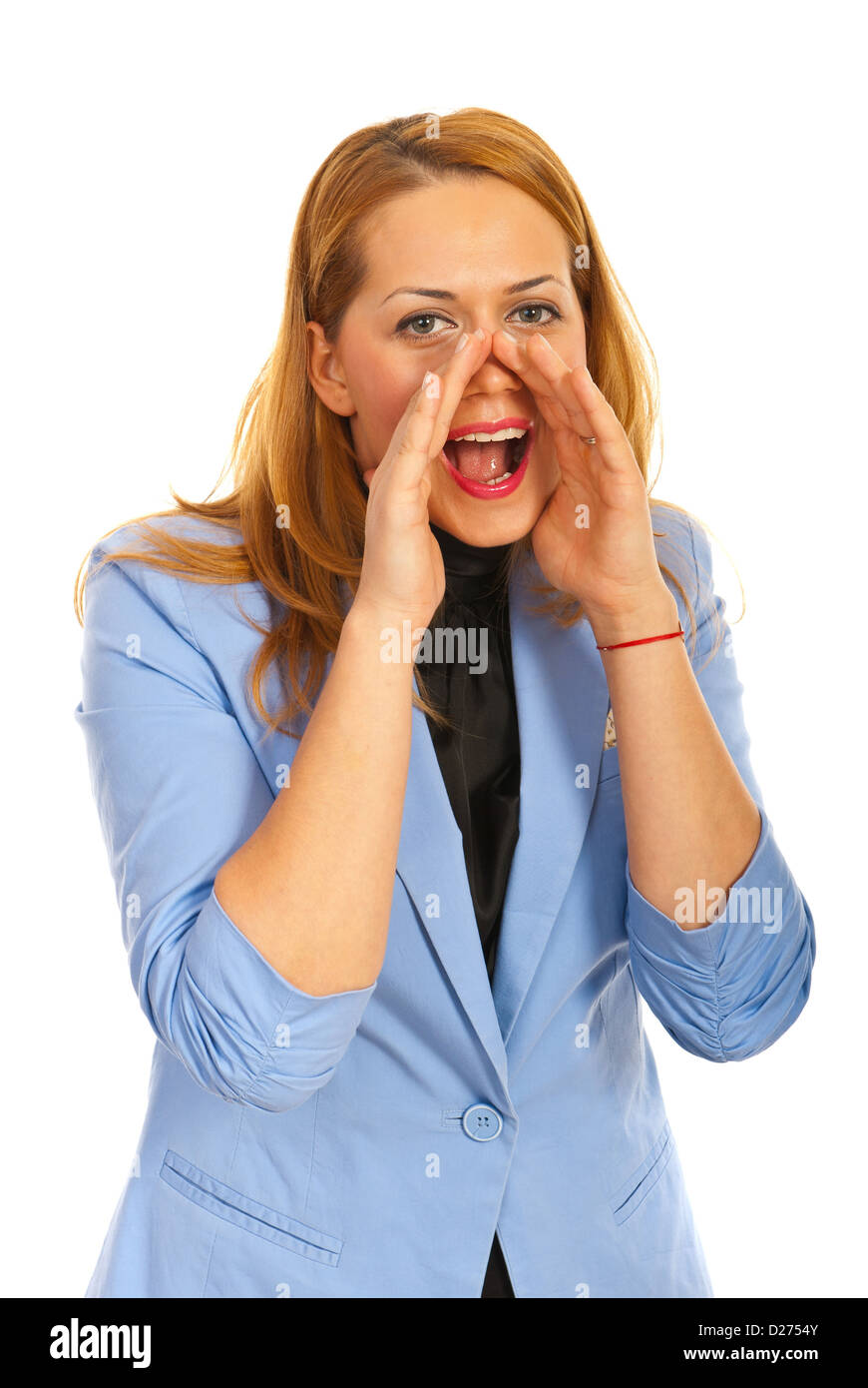 Blond business woman shouting isolated on white background Stock Photo ...