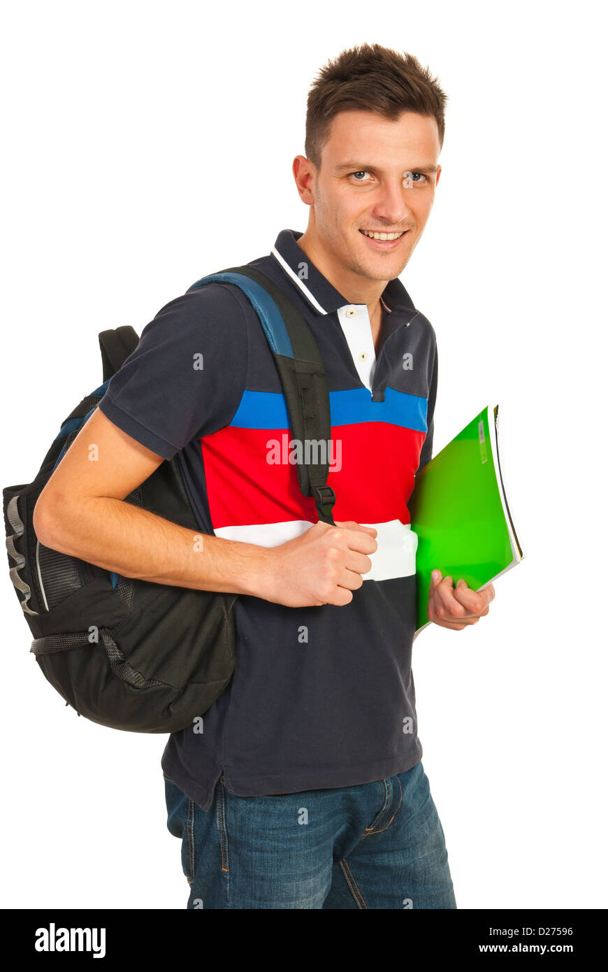 Happy student guy with backpack and notebooks isolated on white ...