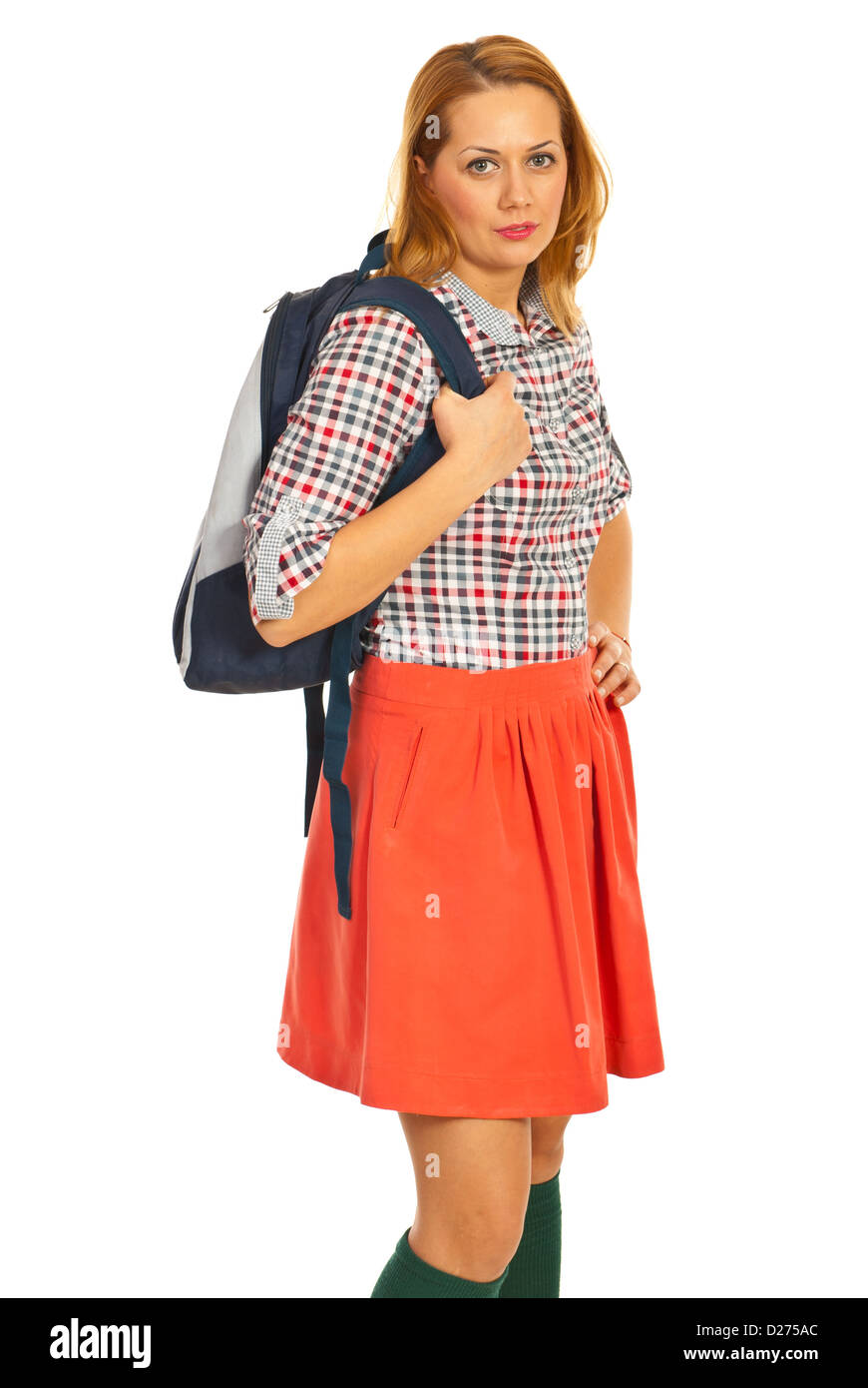 Student woman holding backpack on shoulder isolated on white background ...
