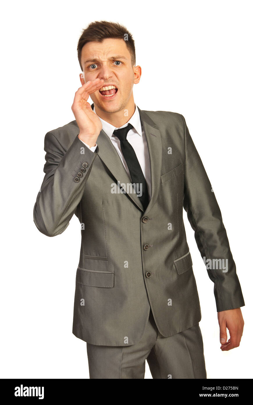 Business man shouting isolated on white background Stock Photo - Alamy