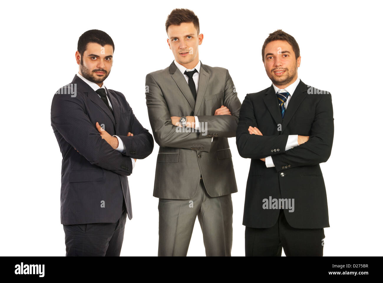 Three business men standing with hands crossed isolated on white ...